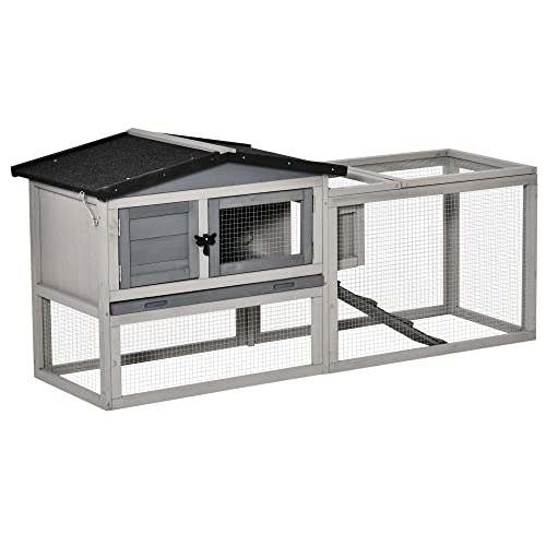 PawHut 2 Level Rabbit Hutch Outdoor, Wooden Bunny Guinea Pig Hutch with ...